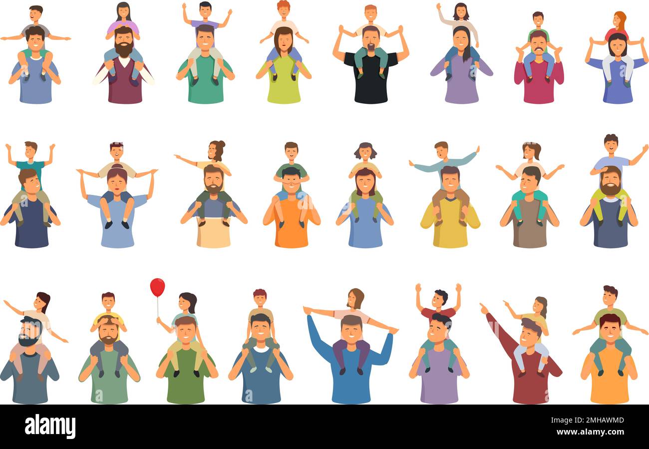 Child on parents shoulders icons set cartoon vector. Children day Stock ...