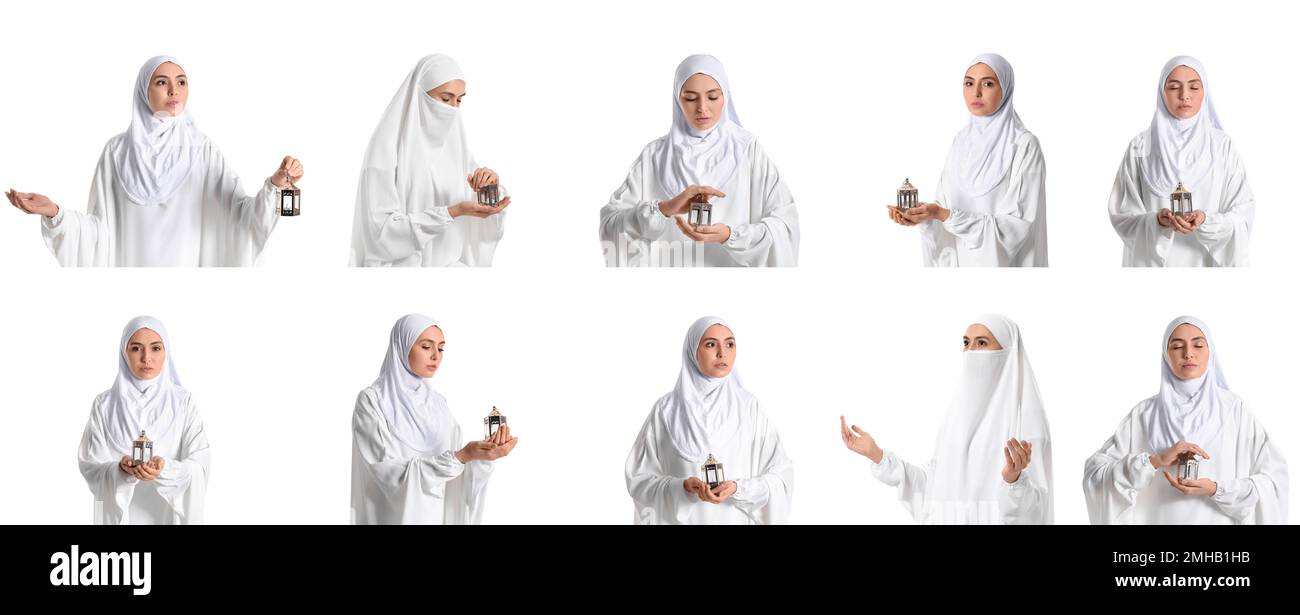 Collage of Muslim woman with Arabic lantern on white background Stock ...