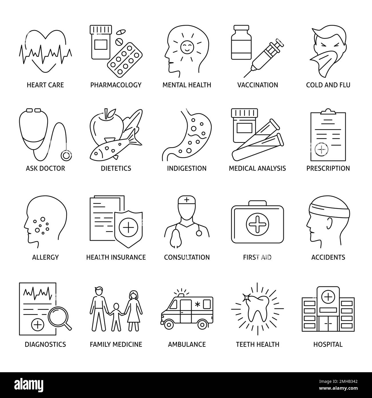 Medicine icon set in line style. Medical and healthcare symbols. Vector ...