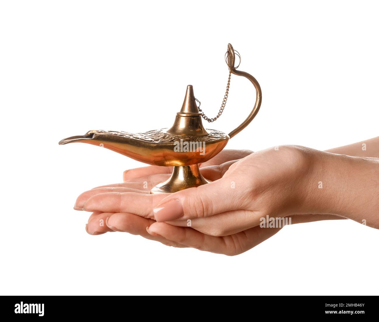 Woman with Aladdin lamp of wishes for Ramadan on white background Stock ...