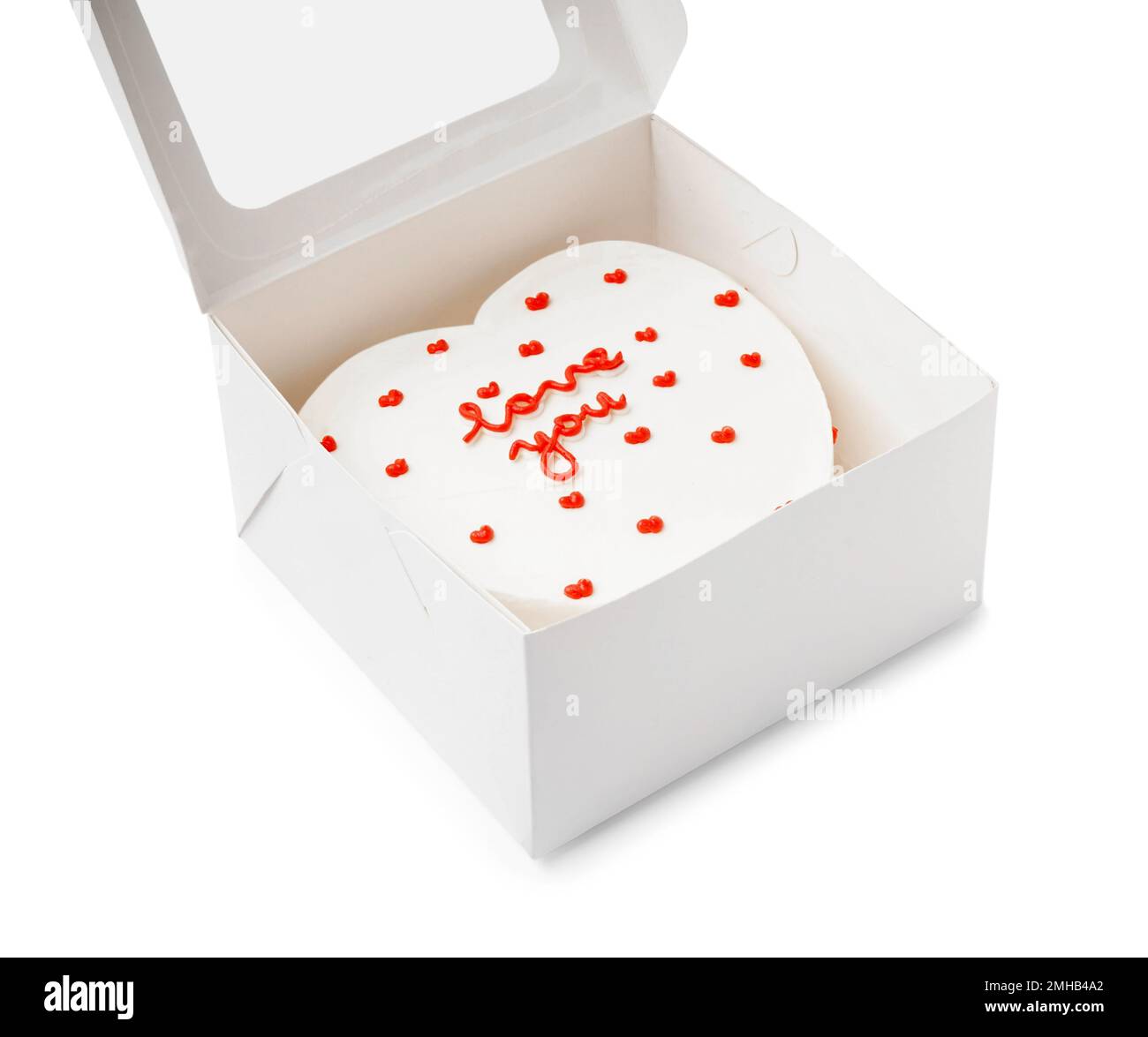 Opened box with tasty bento cake isolated on white background ...
