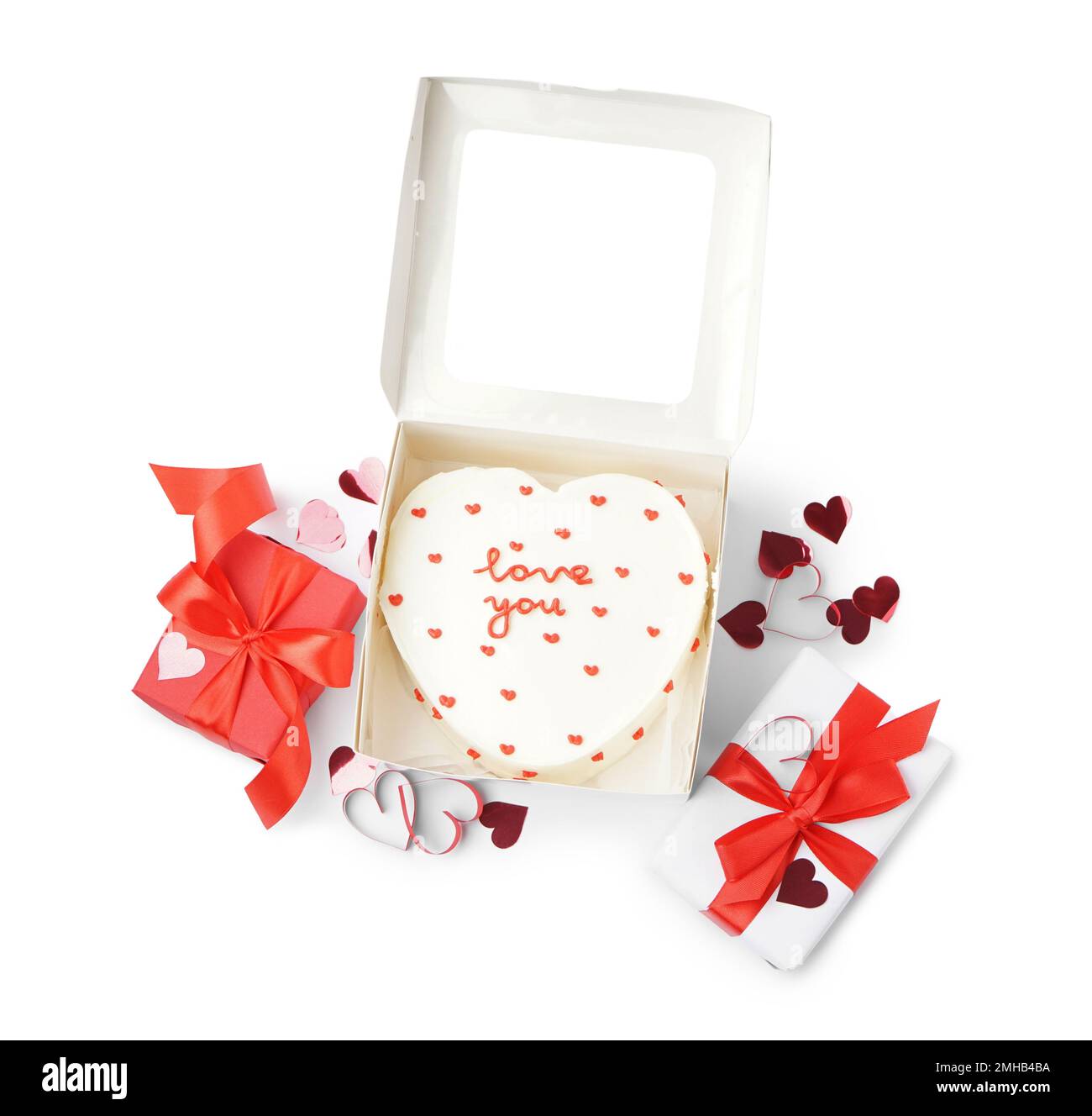 Opened box with heart-shaped bento cake, gifts and hearts isolated on ...