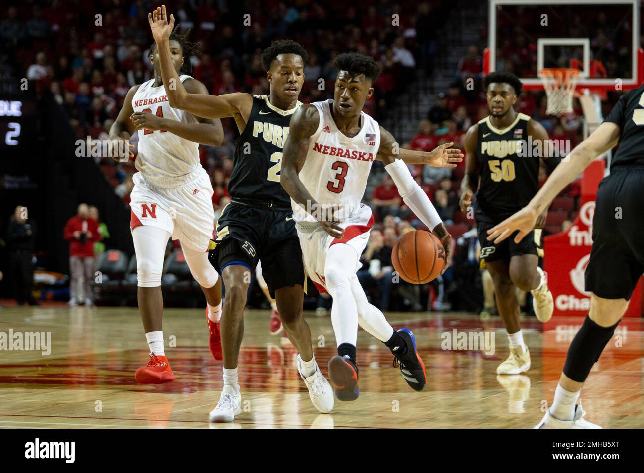 Nebraska guard Cam Mack (3) dribbles pass Purdue guard Eric Hunter Jr ...