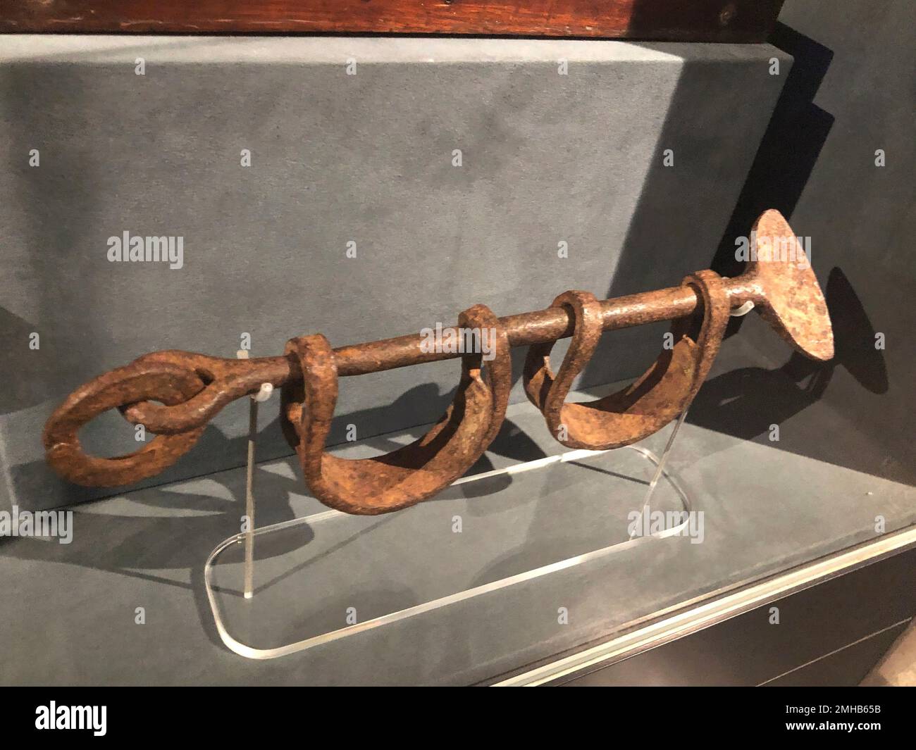 In this Nov. 24, 2019 photo, a set of 18th Century leg iron shackles ...