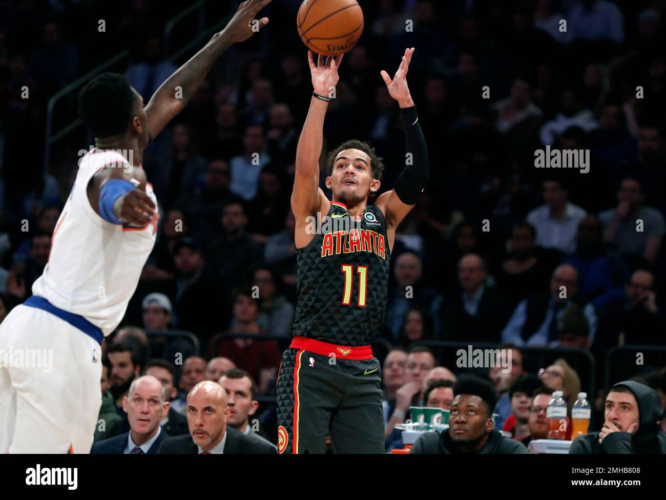 New York Knicks forward Bobby Portis (1) defends Atlanta Hawks guard ...