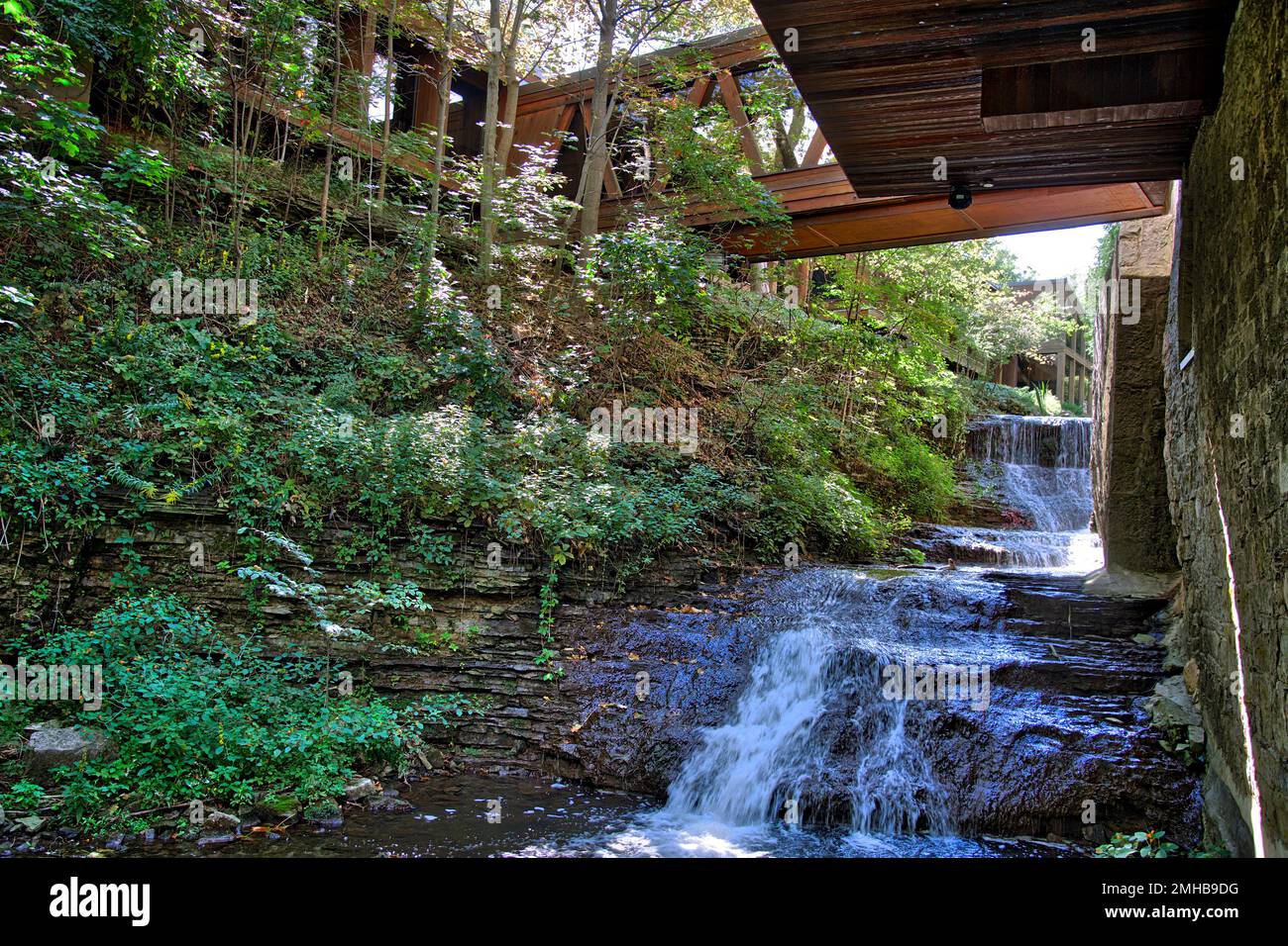 A bridge cross over two buildings with a waterfall view Stock Photo - Alamy