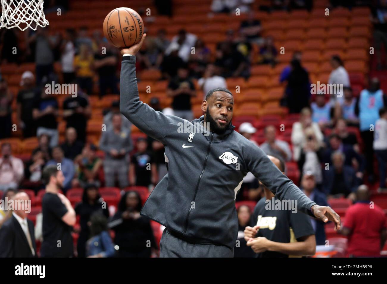 Los Angeles Lakers forward LeBron James warms up before a NBA ...
