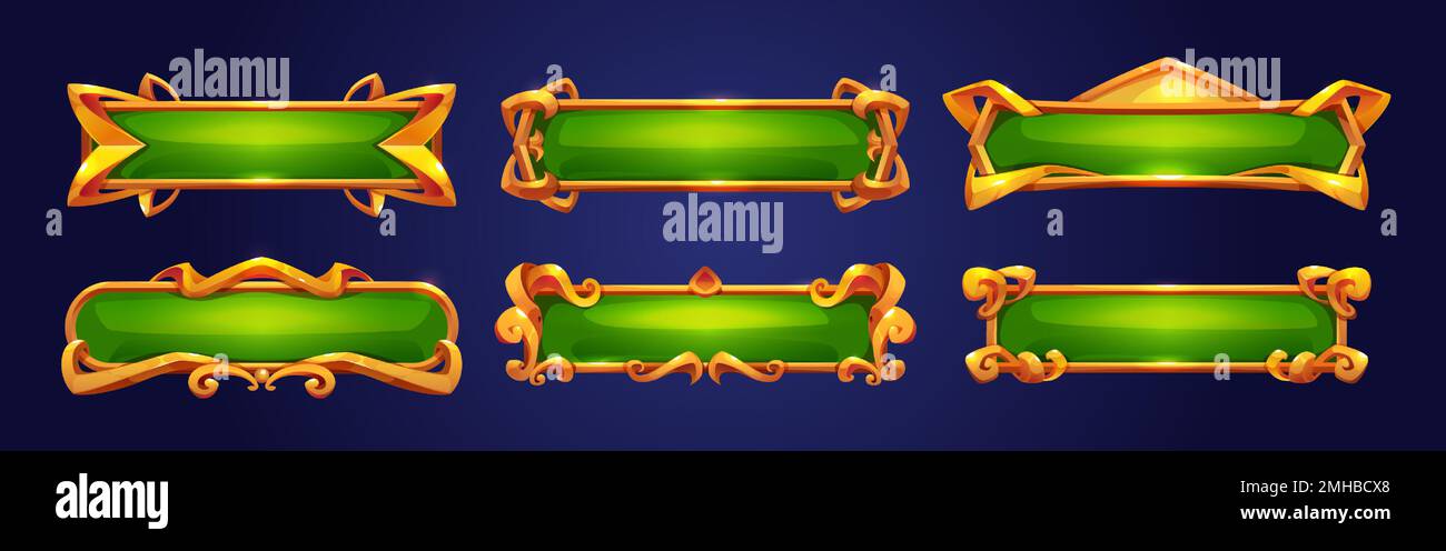 Medieval buttons, ui game menu elements, green oblong banners and gold ...