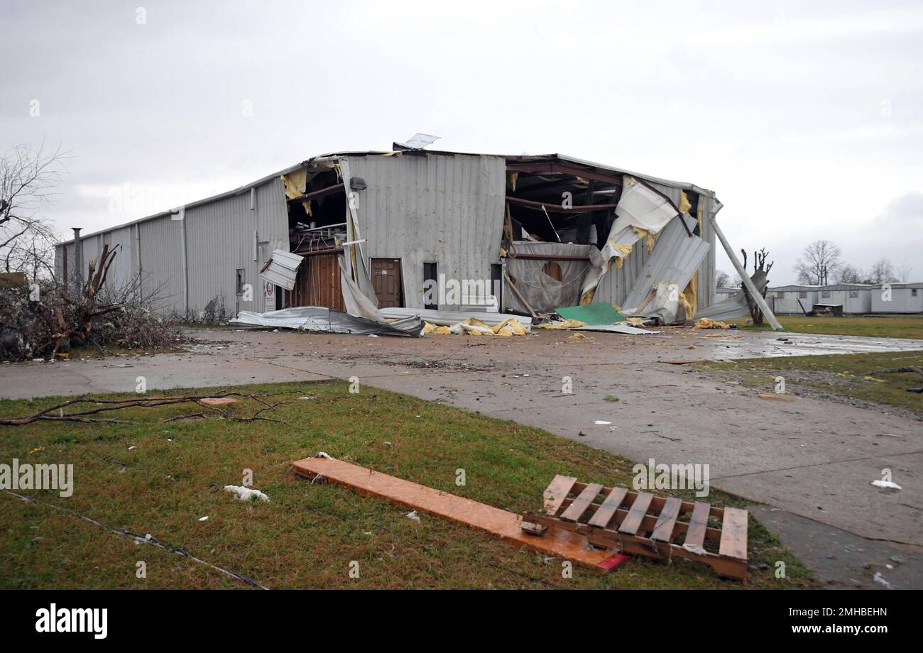 This photo shows some damage to a building from severe weather to a ...