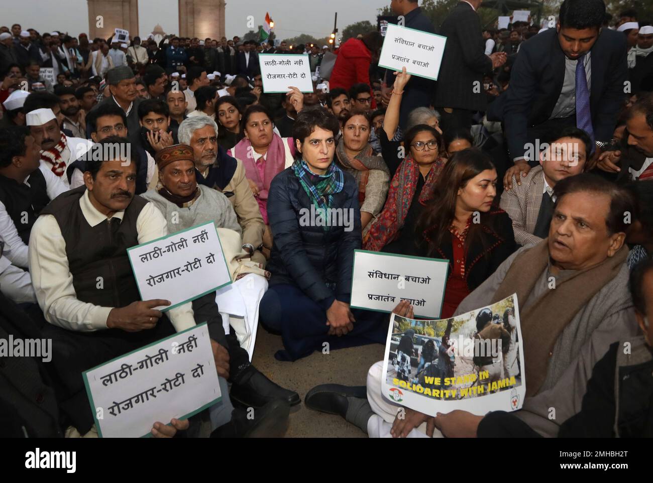 Congress party leader Priyanka Gandhi, center, joins other leaders ...