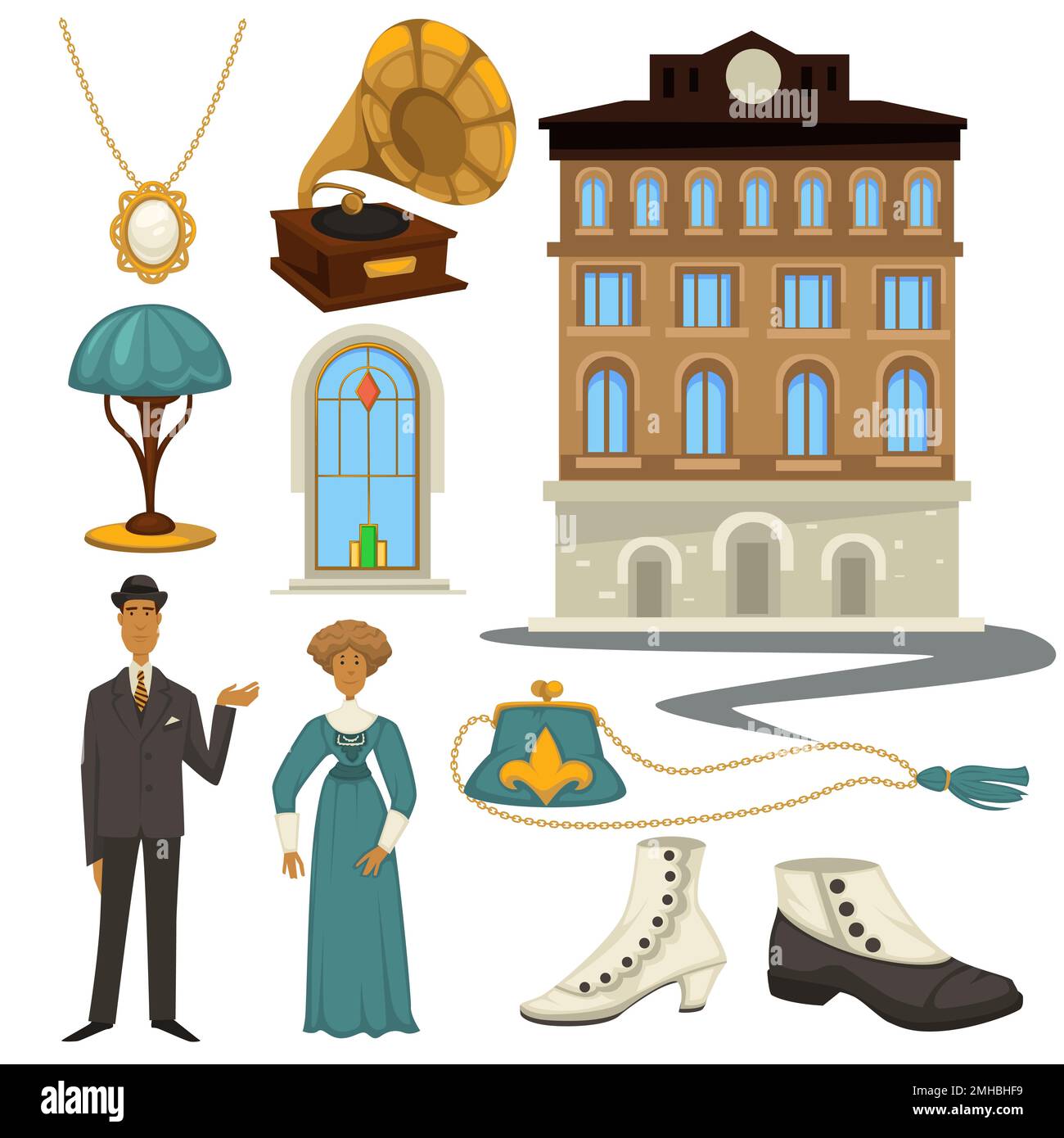 1910s symbols and retro fashion style, clothes and interior design ...