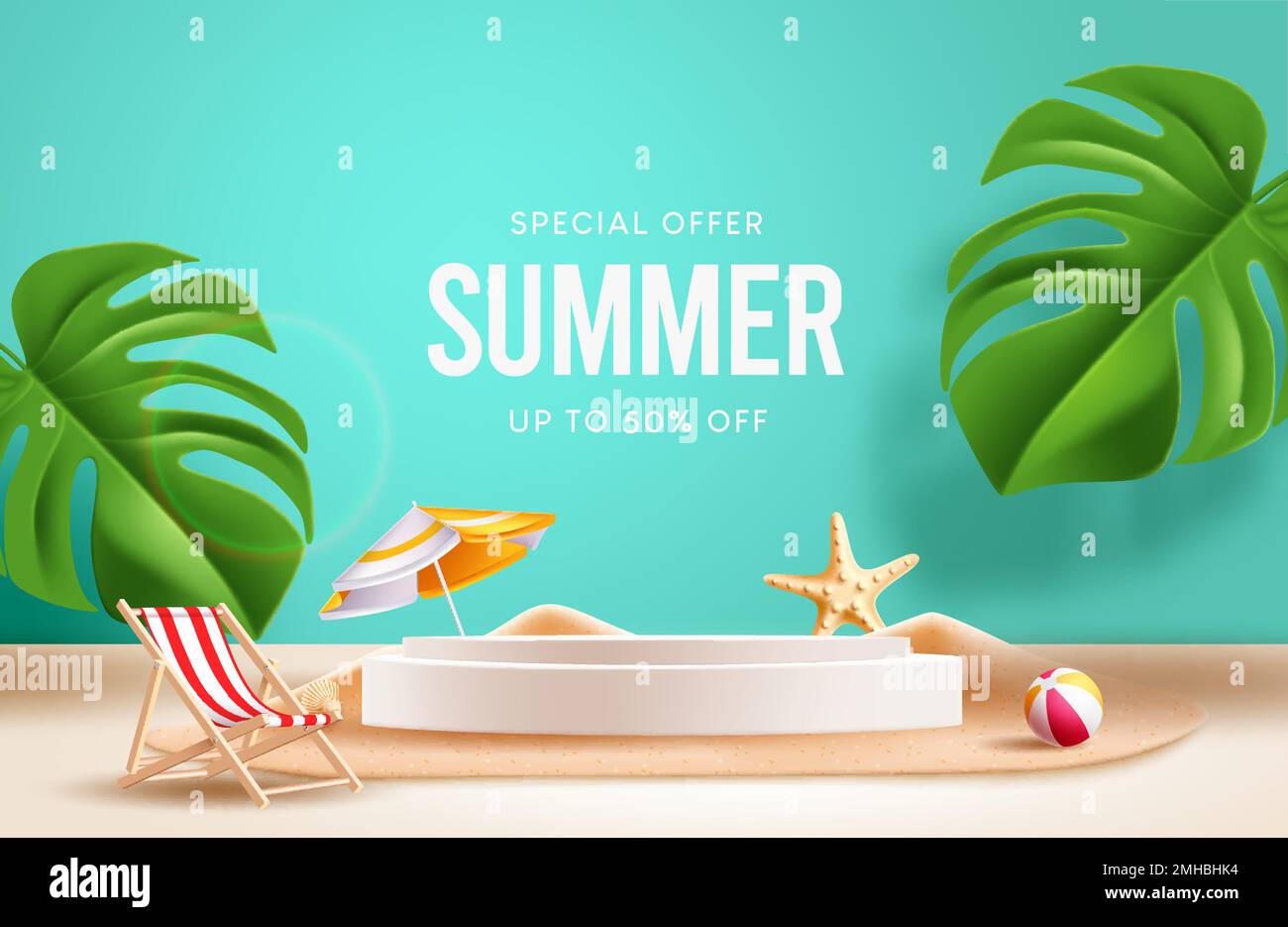 Summer sale vector design. Summer special offer text in podium stage ...