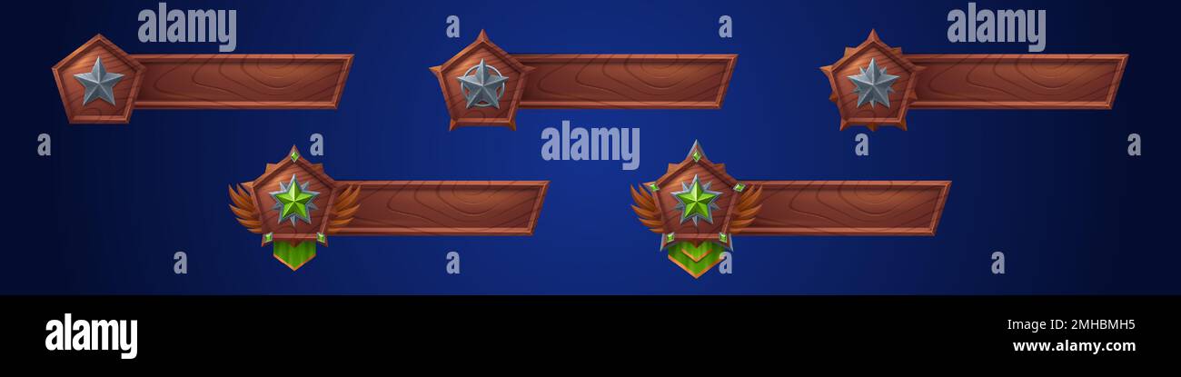 Wooden game banners with iron star badges. Ranking icons of level ...