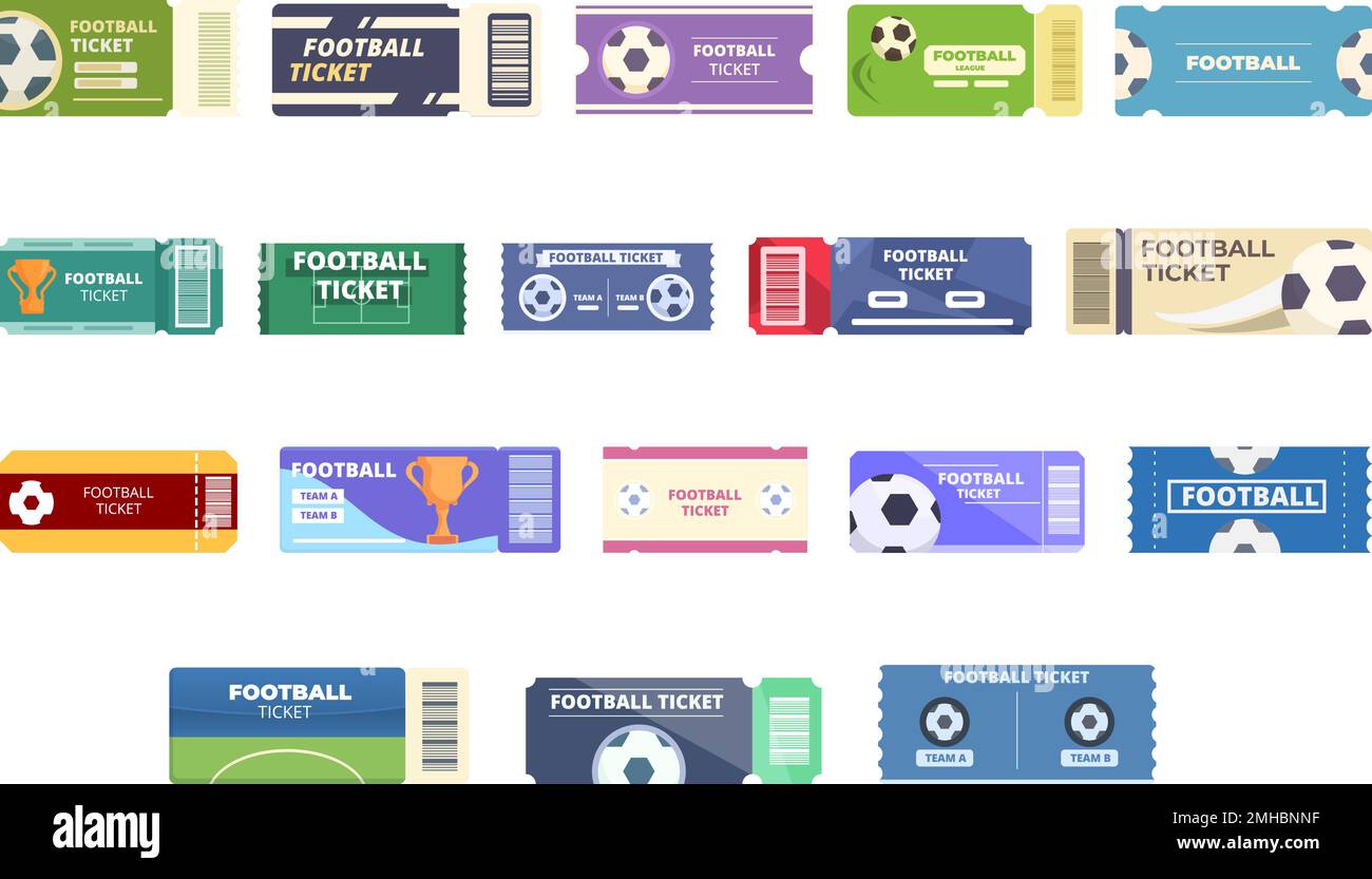 Soccer tickets icons set cartoon vector. Win invite. Coupon match Stock ...