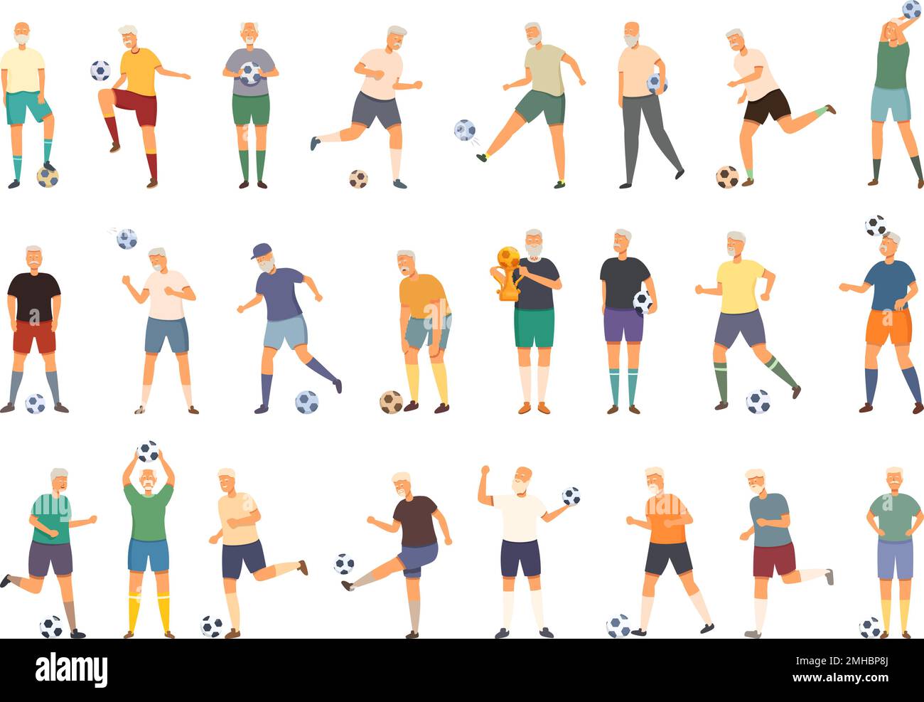 Elderly people play soccer icons set cartoon vector. Soccer man ...