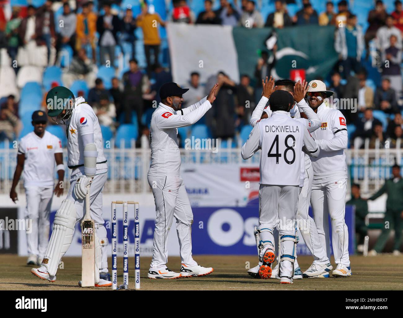 Pakistani batsman Azhar Ali, second left, reacts while Sri Lankan ...