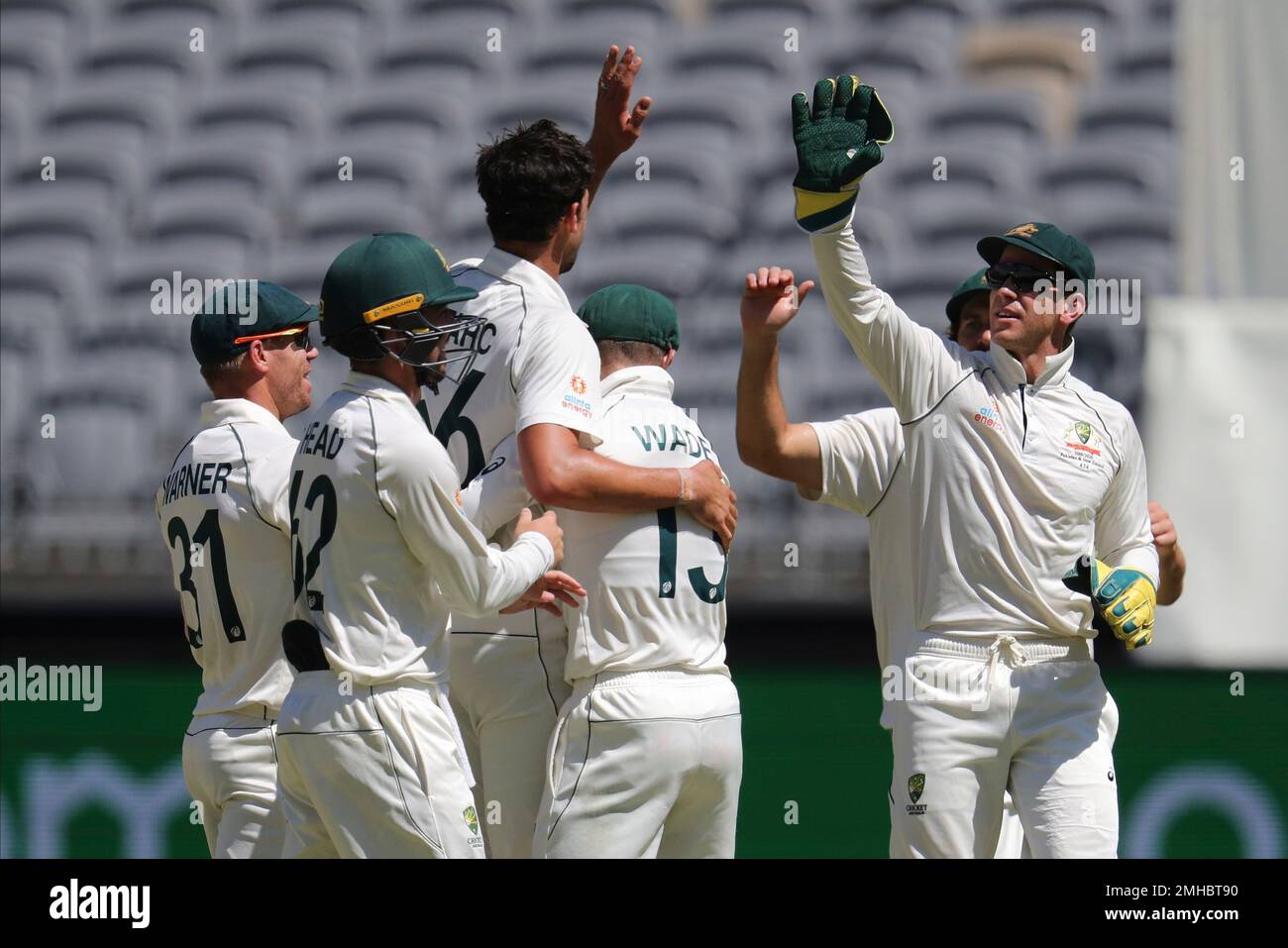 Australia's Mitchell Starc, third left, and Australian skipper Tim ...