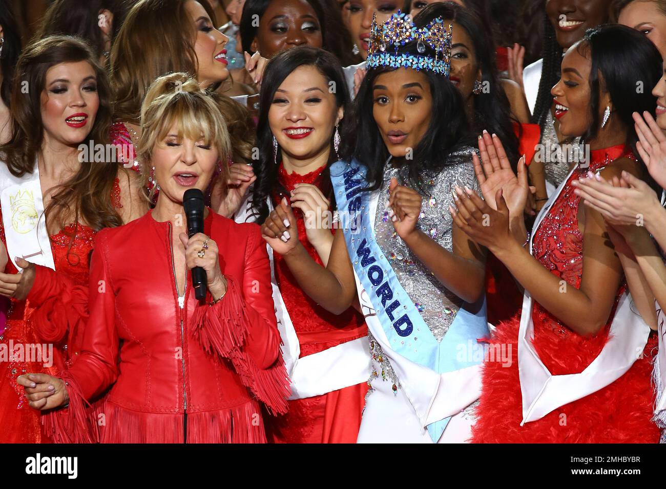 Winner of Miss World 2019, Toni-Ann Singh of Jamaica, centre with crown ...