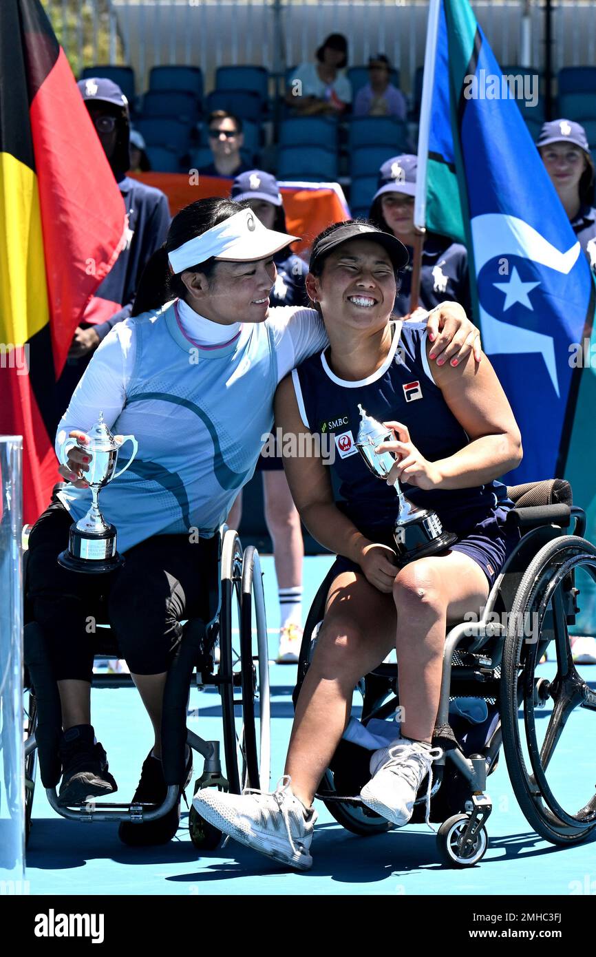 Zhenzhen Zhu of China (left) and Yui Kamiji of Japan, embrace after ...