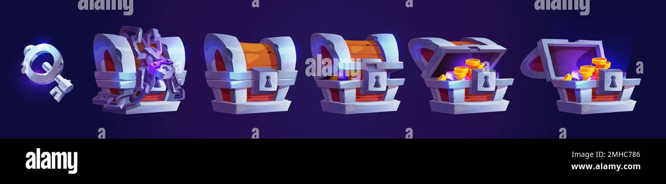 Treasure chest open with gold coins, locked with chain and padlock and ...