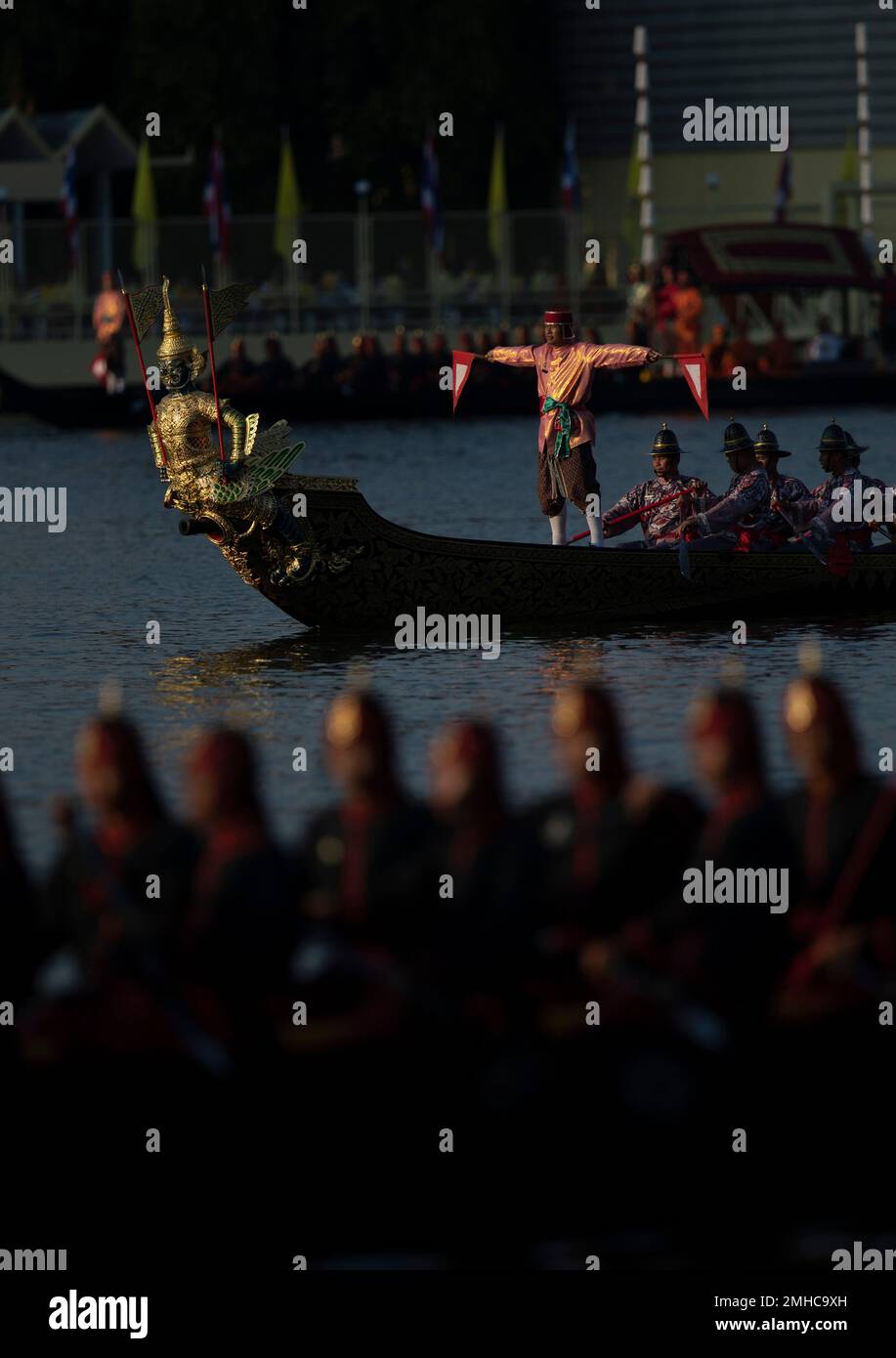 An oarsman singles as others paddle a barge during the Royal Barge ...