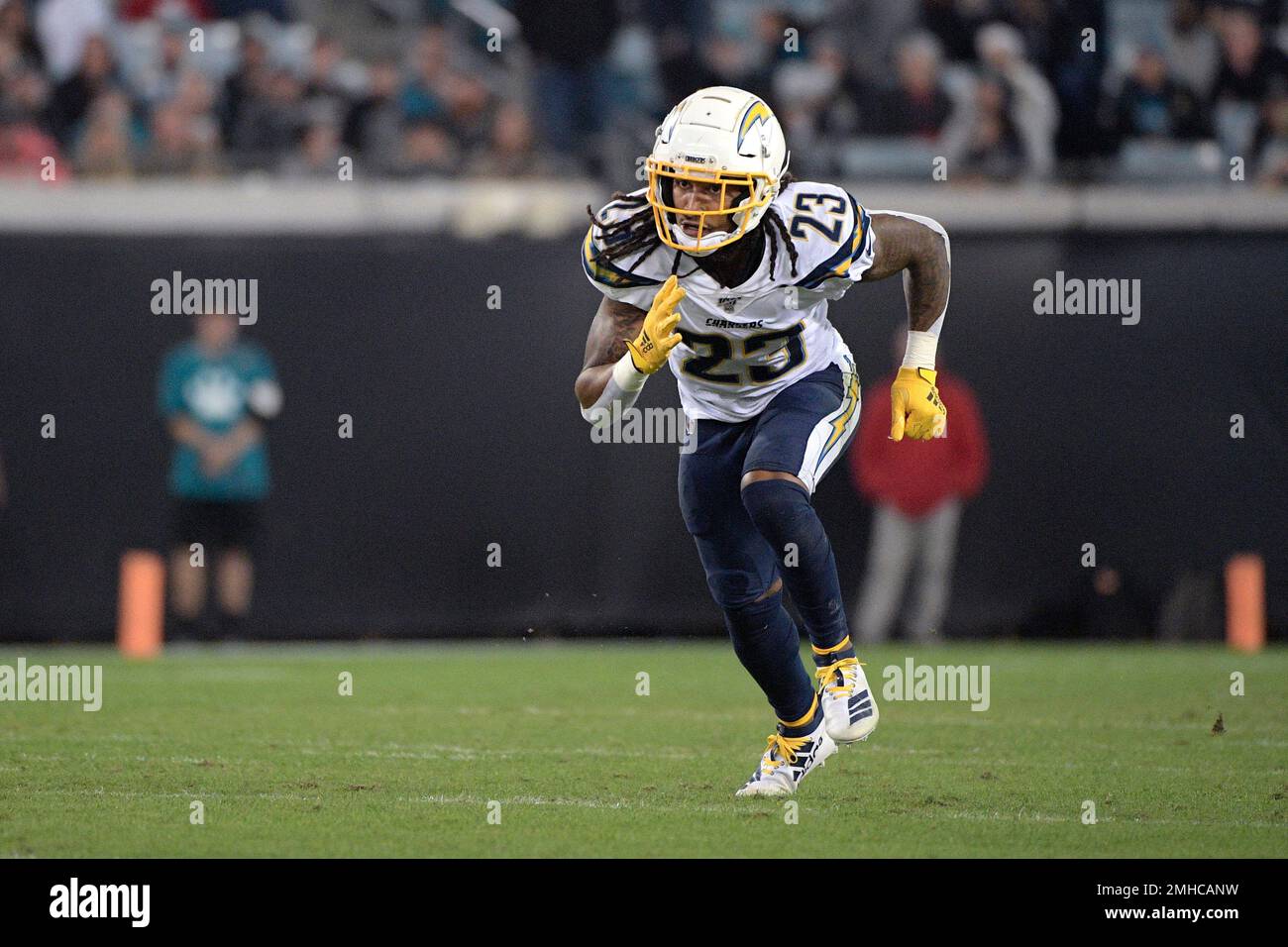 Los Angeles Chargers strong safety Rayshawn Jenkins (23) follows a play ...