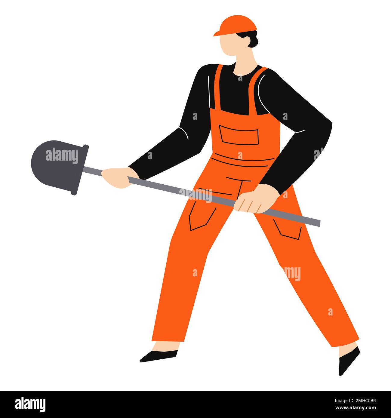 Construction works and building, worker in hardhat digging with spade ...