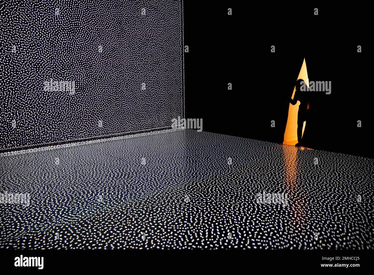 A woman enters an exhibition hall featuring an interactive installation ...