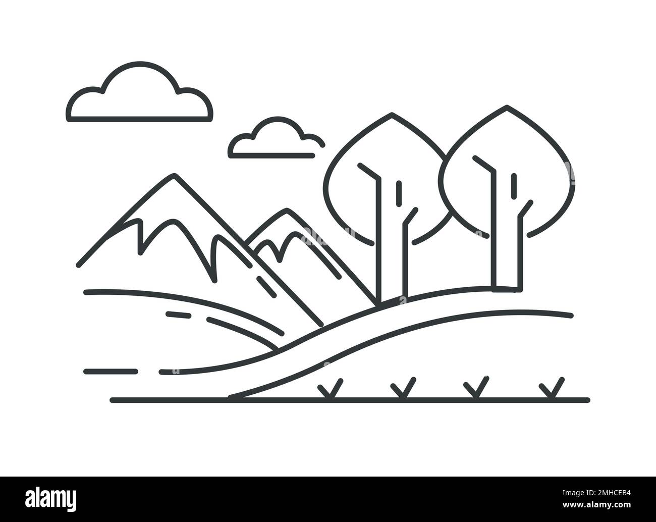 Landscape, mountains and hills, road and trees outline sketch Stock ...