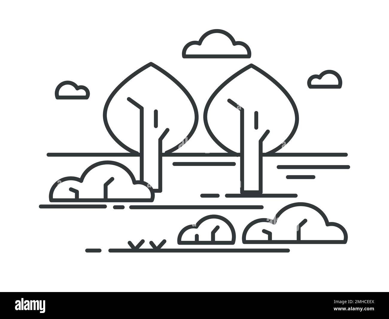 River or lake, ocean or sea, trees and bushes outline sketch Stock ...