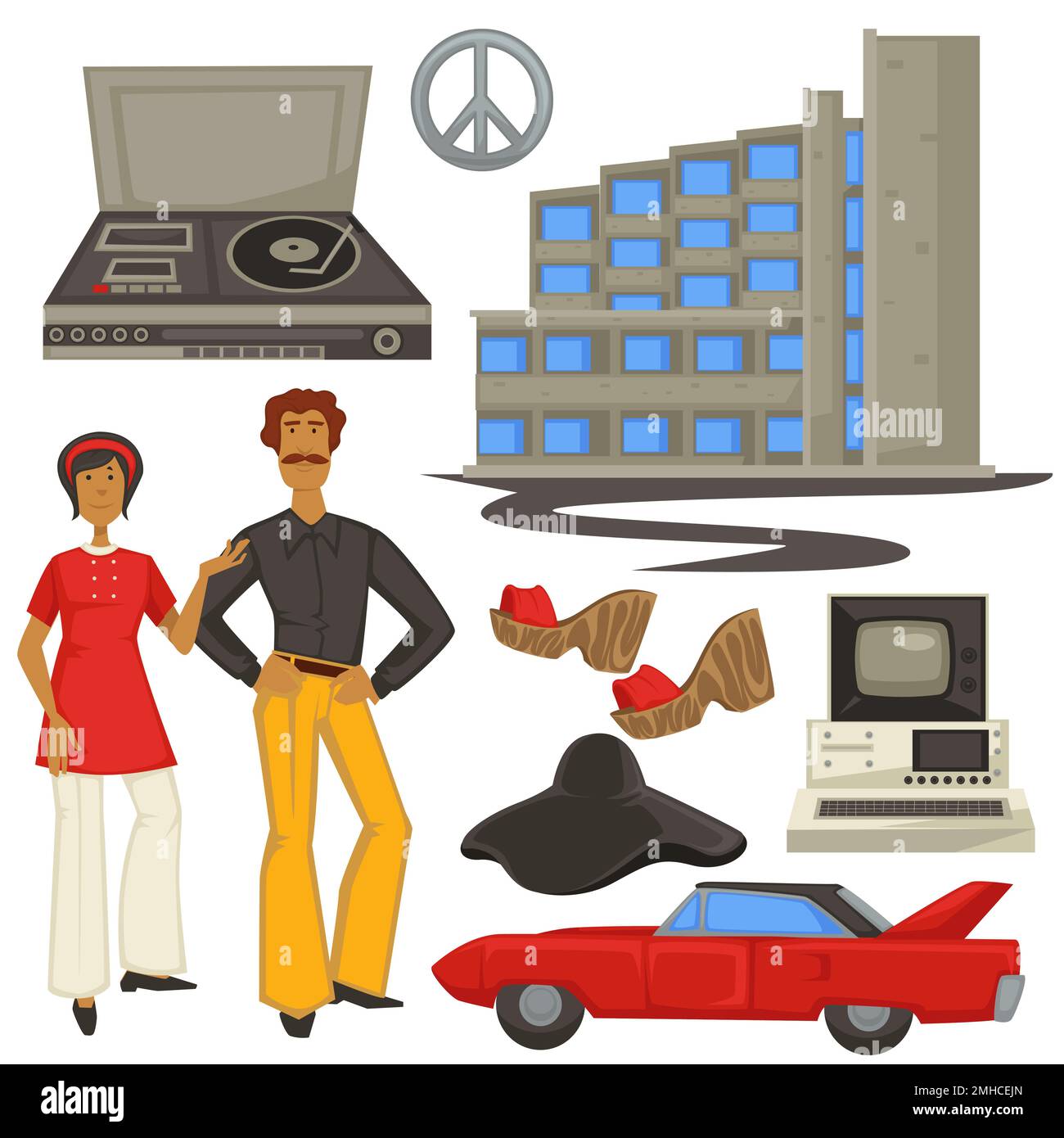 1970s fashion and architecture, hippie style and epoch symbols, man and ...