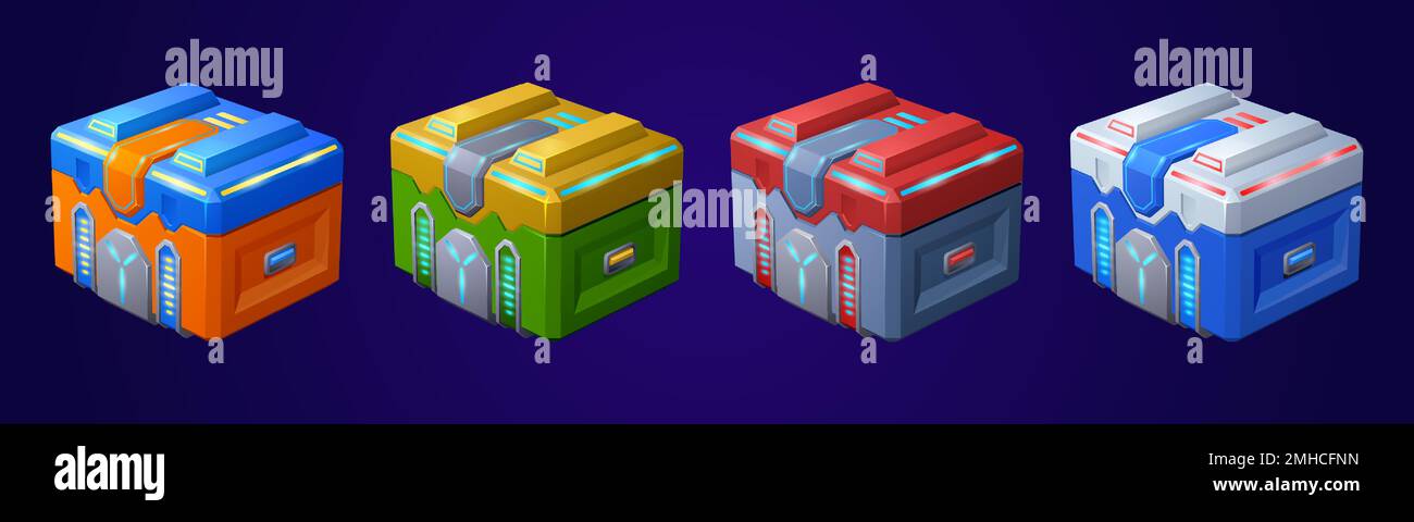 Game futuristic boxes, future technology chests. Icons of sci-fi ...