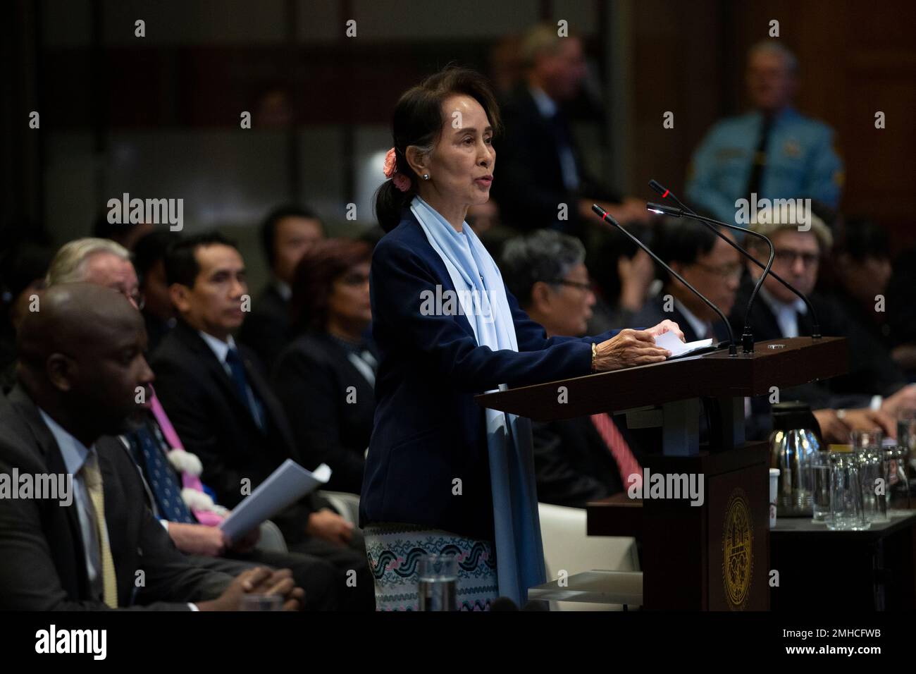 Myanmar's leader Aung San Suu Kyi addresses judges of the International ...