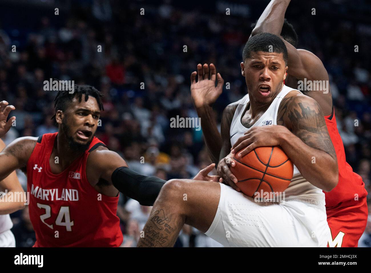 Penn State guard Myles Dread, right, beats Maryland forward Donta Scott ...