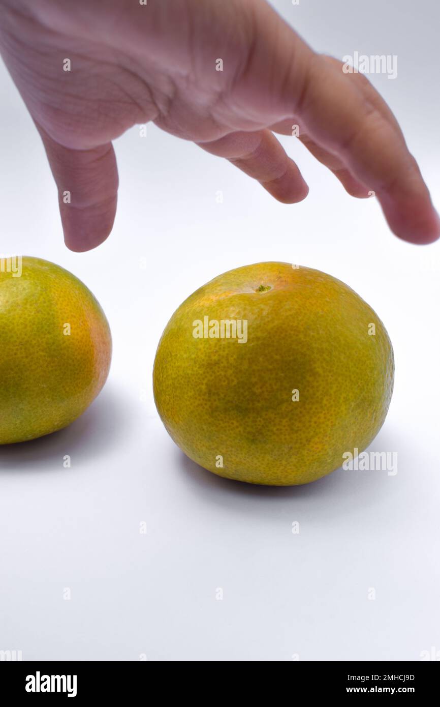 A hand picks up an orange on a white background Stock Photo - Alamy