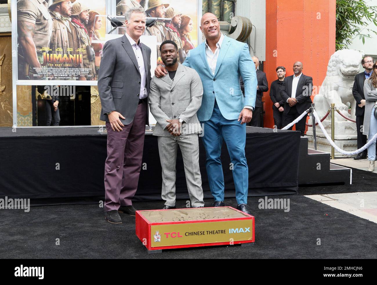 Will Ferrell, from left, Kevin Hart and Dwayne Johnson appear during a ...