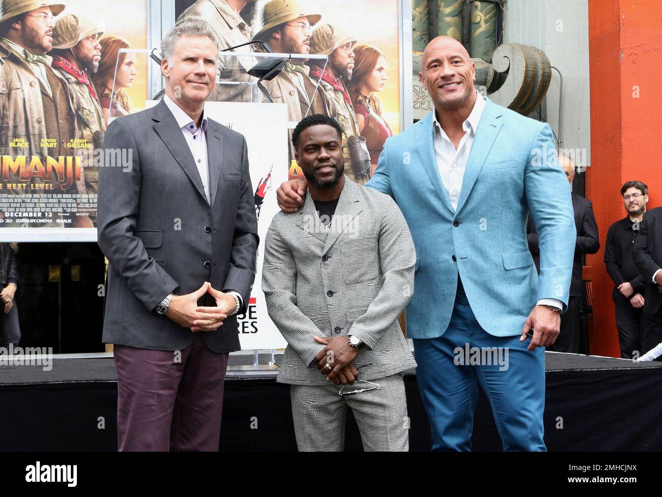 Will Ferrell, from left, Kevin Hart and Dwayne Johnson appear during a ...