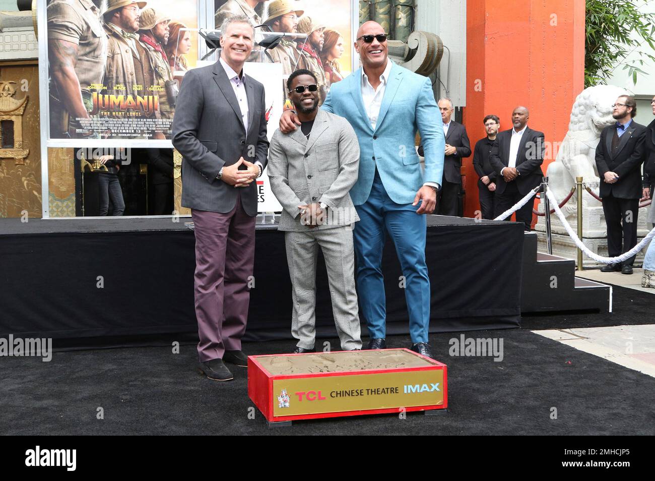 Will Ferrell, from left, Kevin Hart and Dwayne Johnson appear during a ...