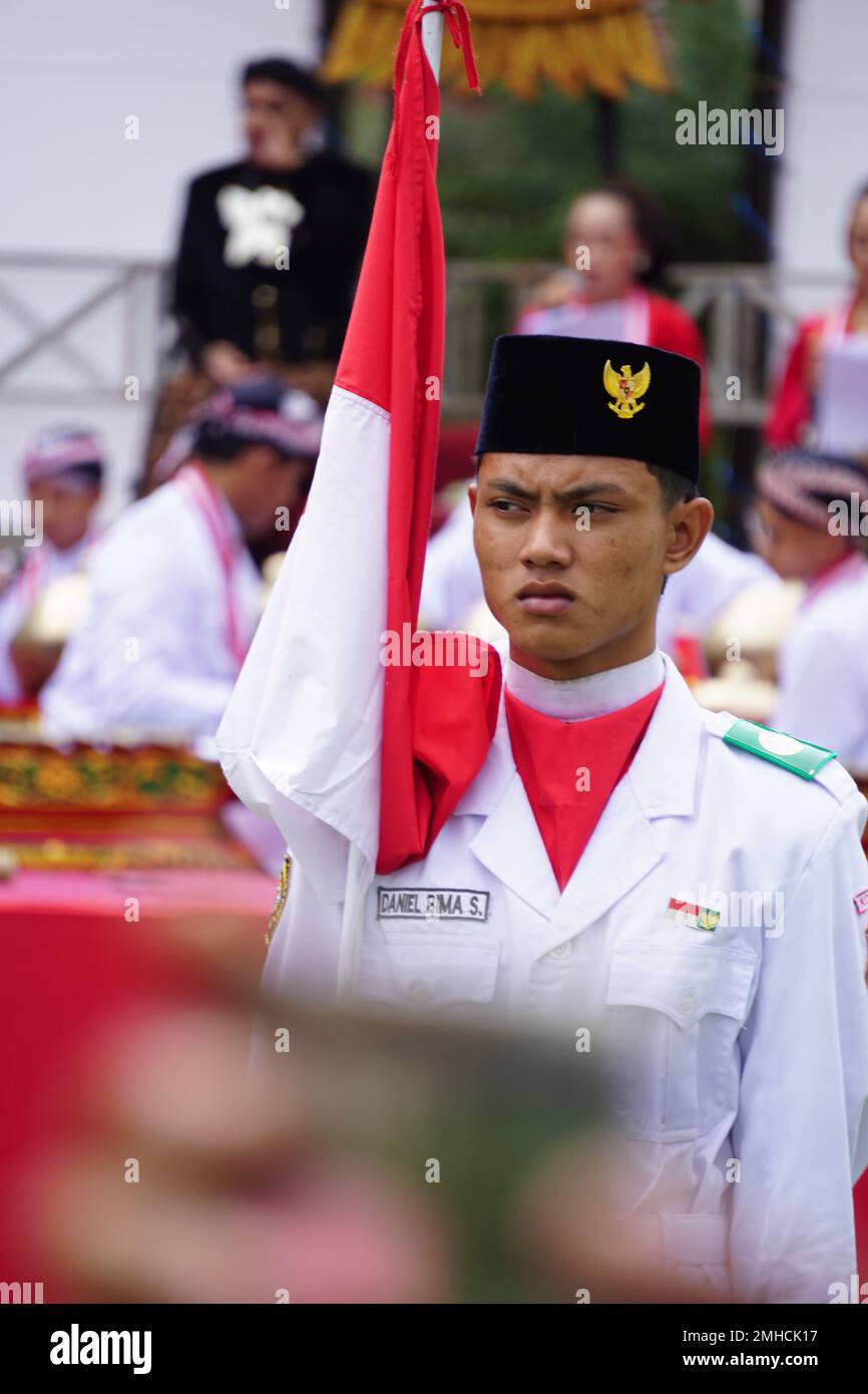 Paskibraka (Indonesian flag raiser) with national flag during grebeg ...