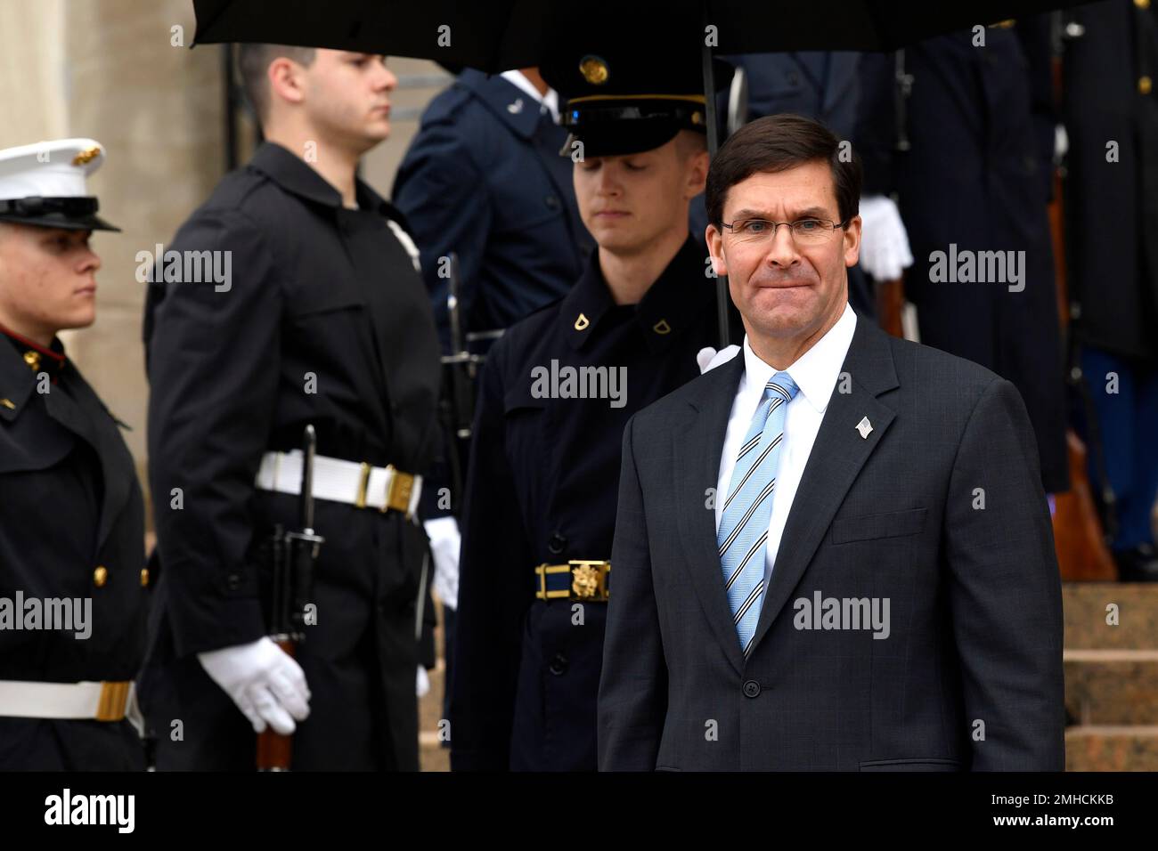 Defense Secretary Mark Esper waits for the arrival of Swedish Defense ...