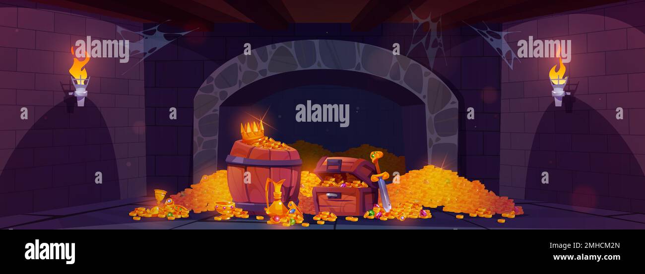 Castle dungeon with treasure chest, gold money piles, jewelry and gem ...