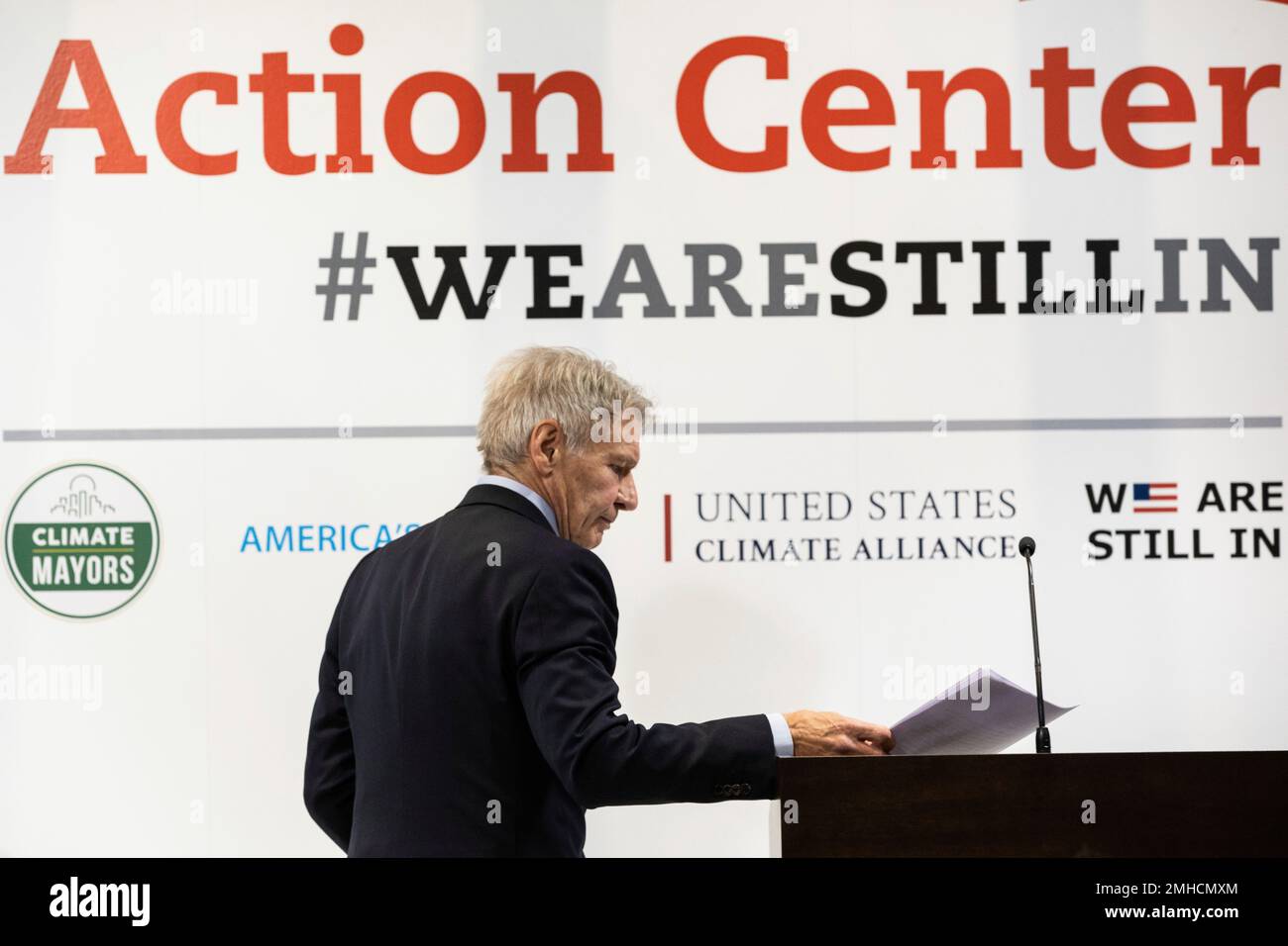 US actor Harrison Ford walks at the stage of the US Climate action ...