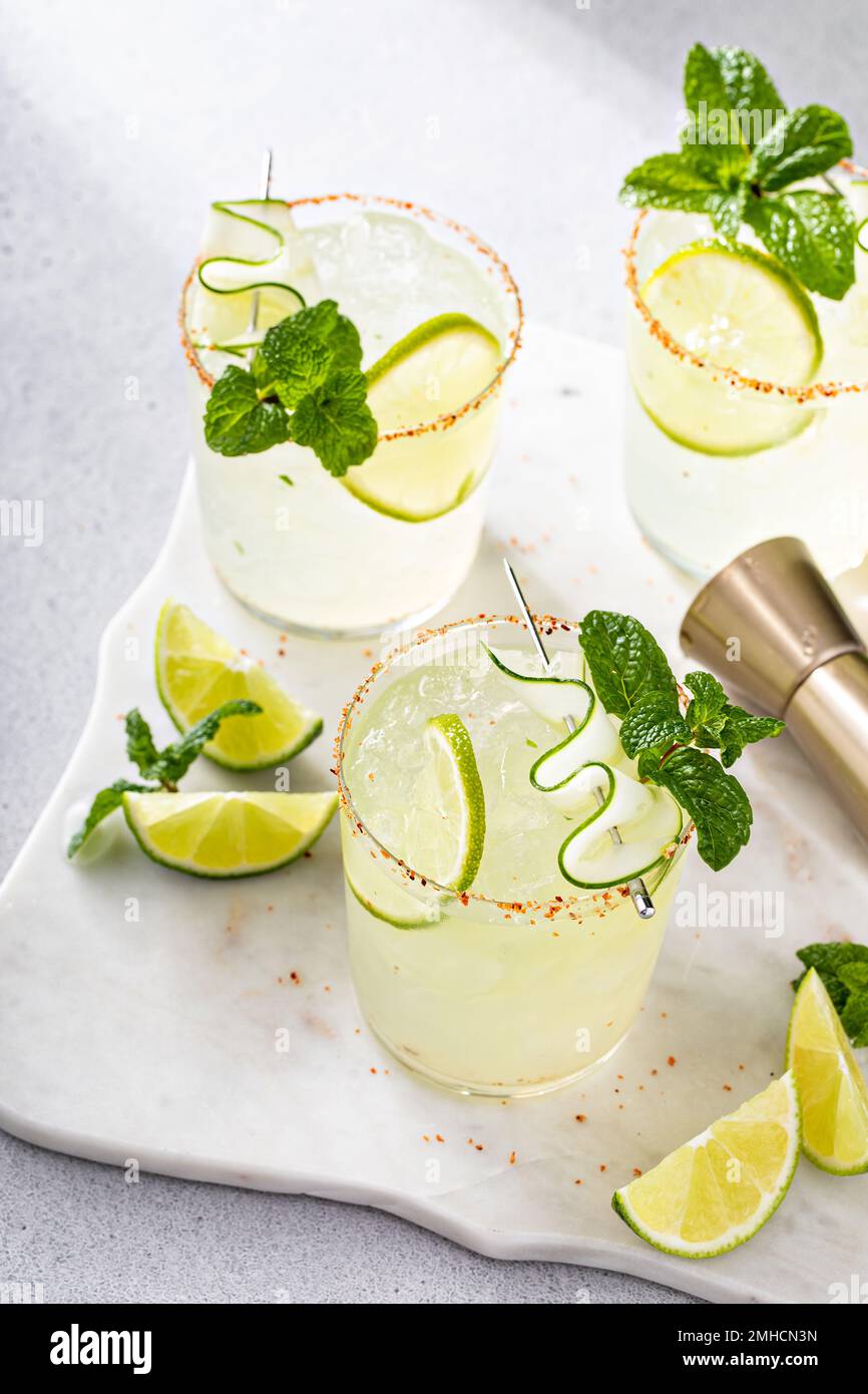 Cucumber margarita with lime and spicy rim Stock Photo - Alamy