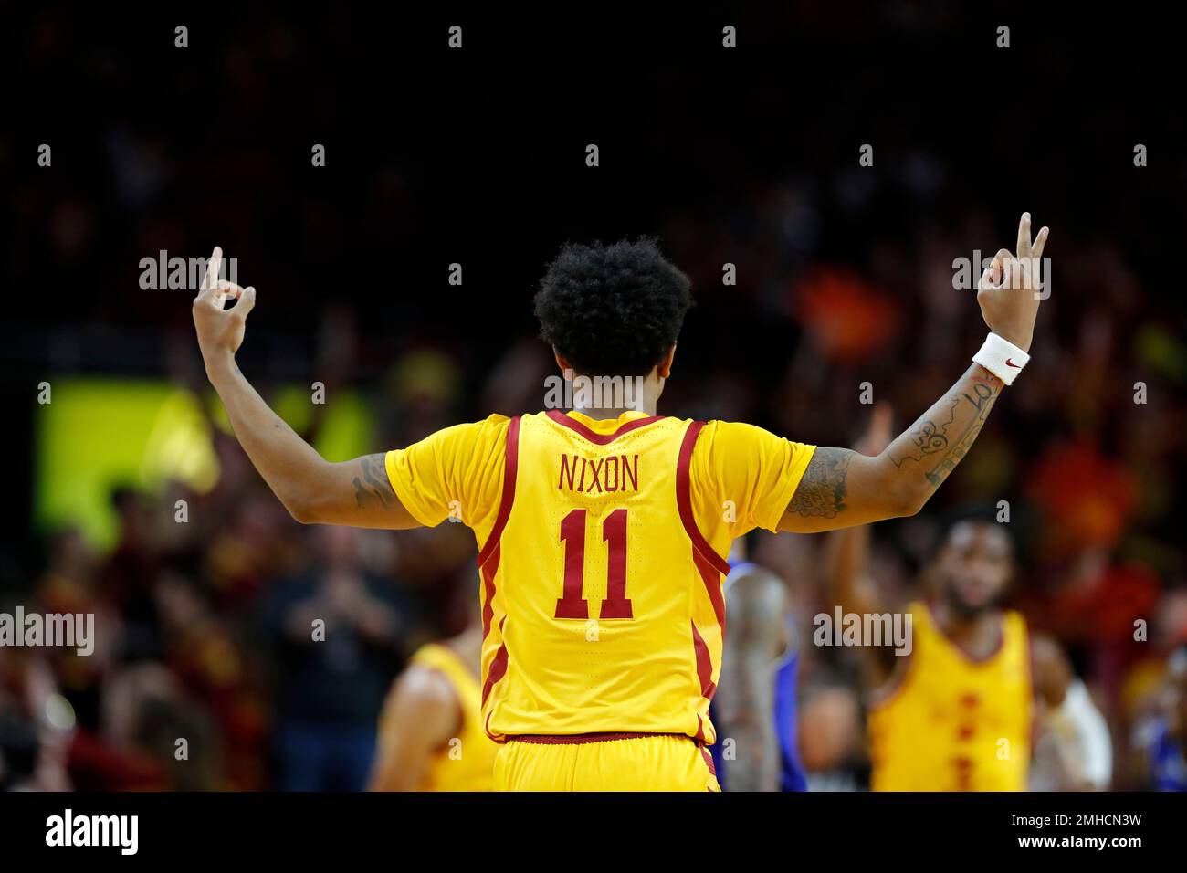 Iowa State guard Prentiss Nixon celebrates a three point basket during ...