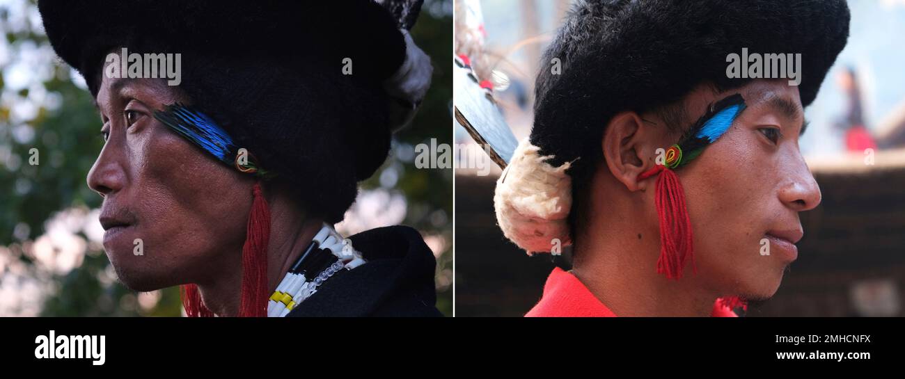This combination photo shows Naga men dressed in traditional finery ...