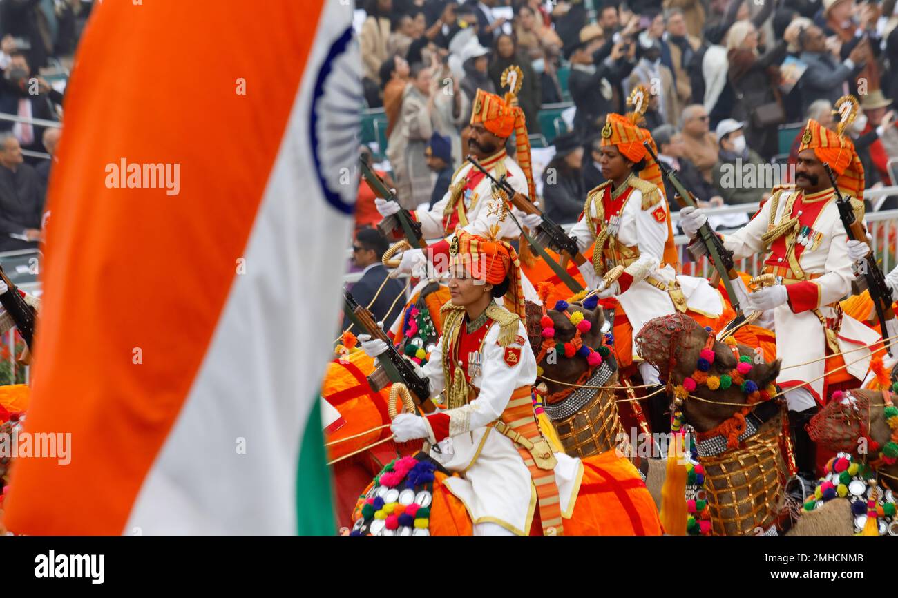 New Delhi, India. 26th Jan, 2023. Camel-mounted Indian Border Security ...