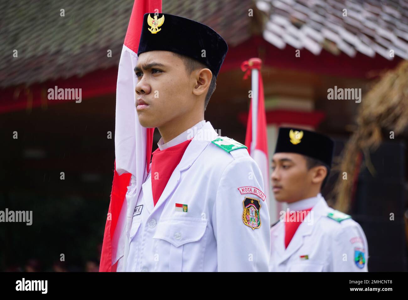 Paskibraka (Indonesian flag raiser) with national flag during grebeg ...