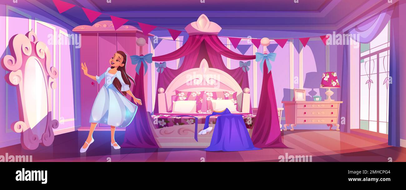 Beautiful princess in pink royal bedroom. Vector cartoon illustration ...