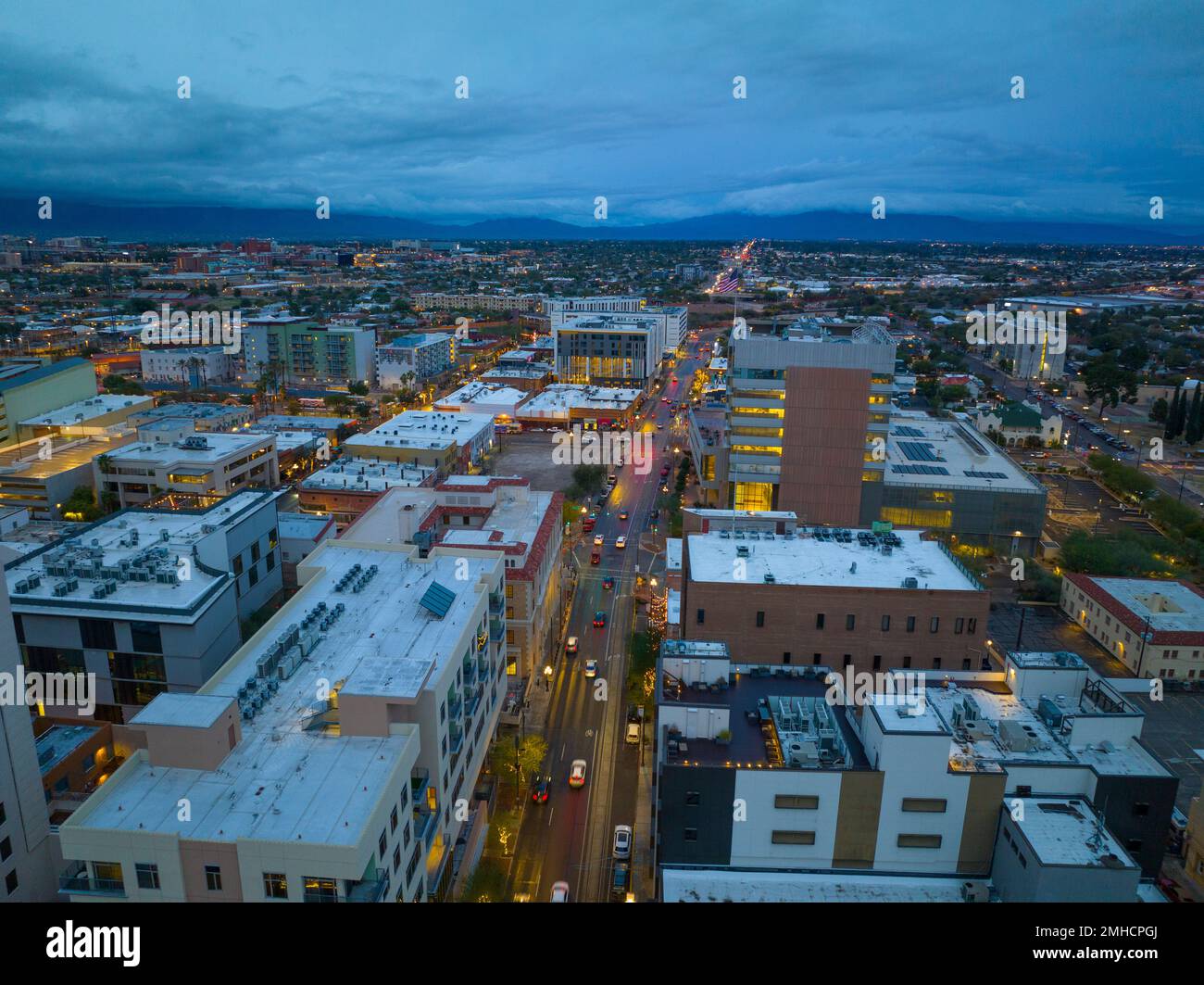 Tucson modern city aerial view at sunset on E Broadway Blvd at S Stone ...