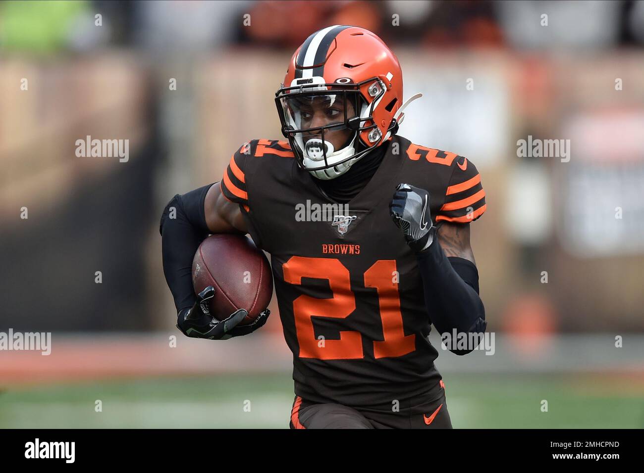 Cleveland Browns cornerback Denzel Ward returns an interception for a ...
